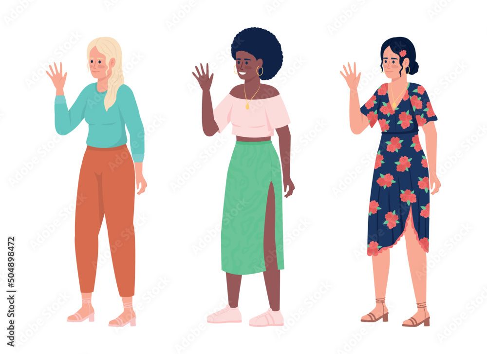 Vector de Stock Smiling women waving hands semi flat color vector ...