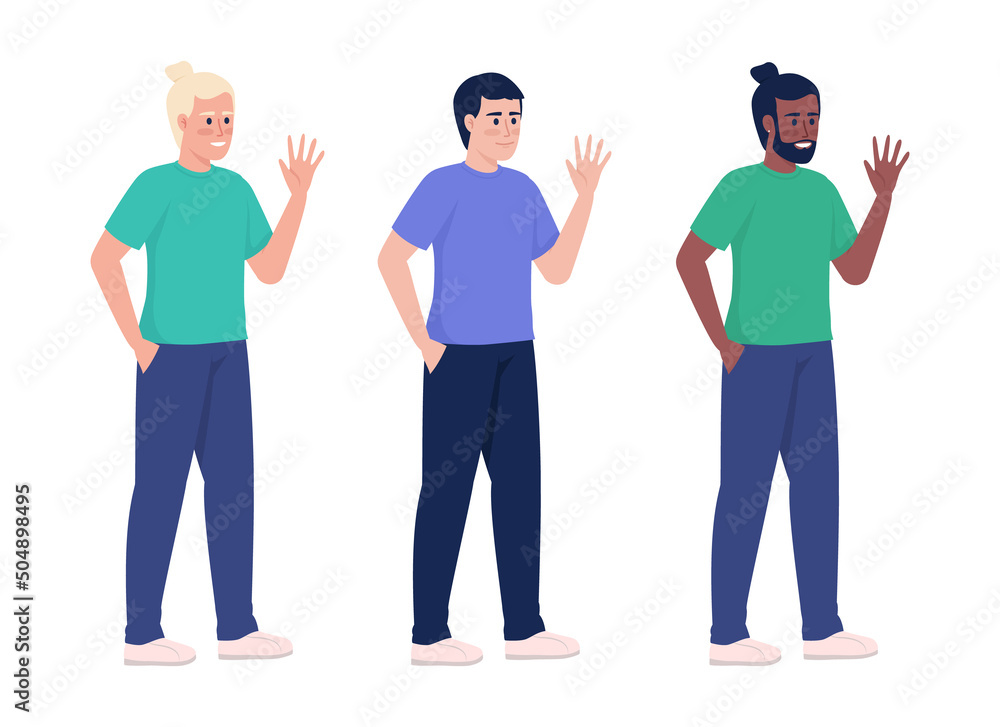 Smiling men waving hands semi flat color vector character set. Standing ...