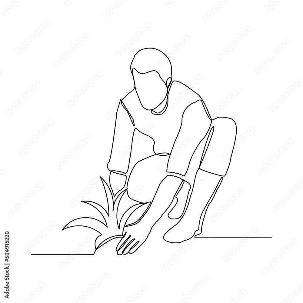 Continuous single one line art drawing of man people planting and ...