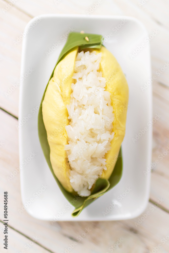 Durian with sweet sticky rice and coconut milk on top (Khao Niao Thu ...