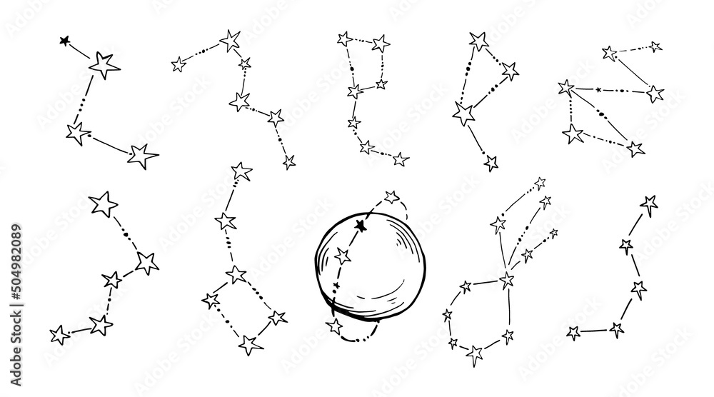 Black outline hand drawing planet and constellations set. Space and ...