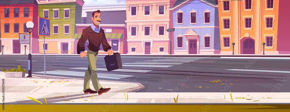 Man worker with briefcase walk on city street. Vector cartoon ...