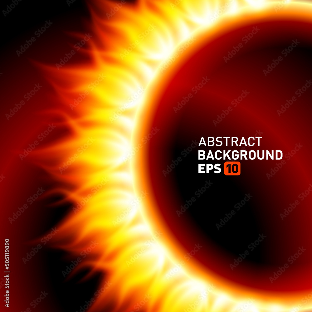 Illuminated solar eclipse burning rays with dark sphere shape and place ...
