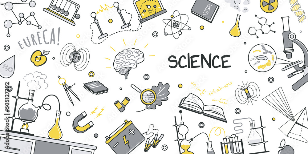 Science concept for banner design with flat line doodle pattern. Hand ...
