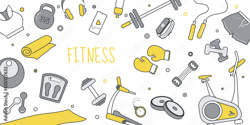Fitness concept for banner design with flat line doodle pattern. Hand ...