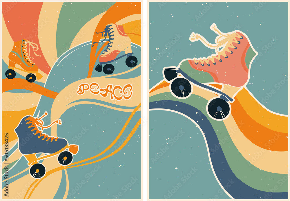 Set of posters in retro style with roller skates on a rainbow ...