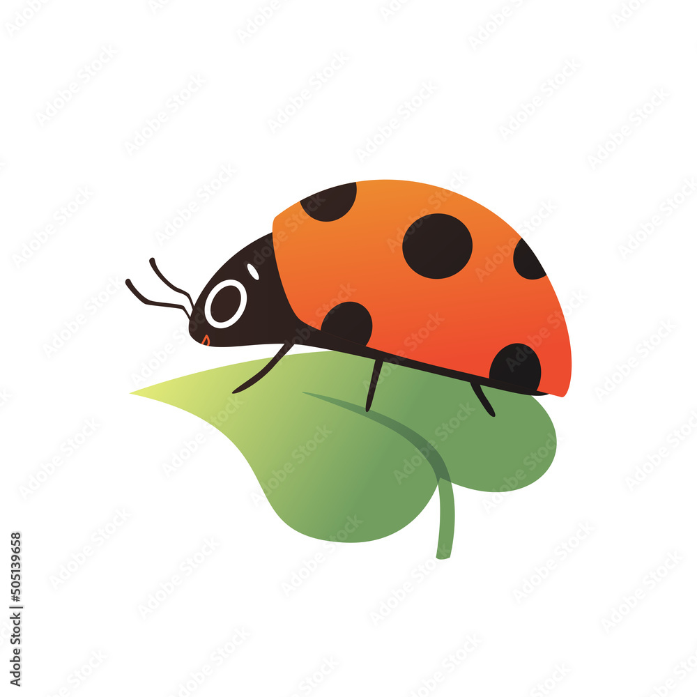 Cartoon ladybug with eyes on one leaf. Cute insect side view with ...