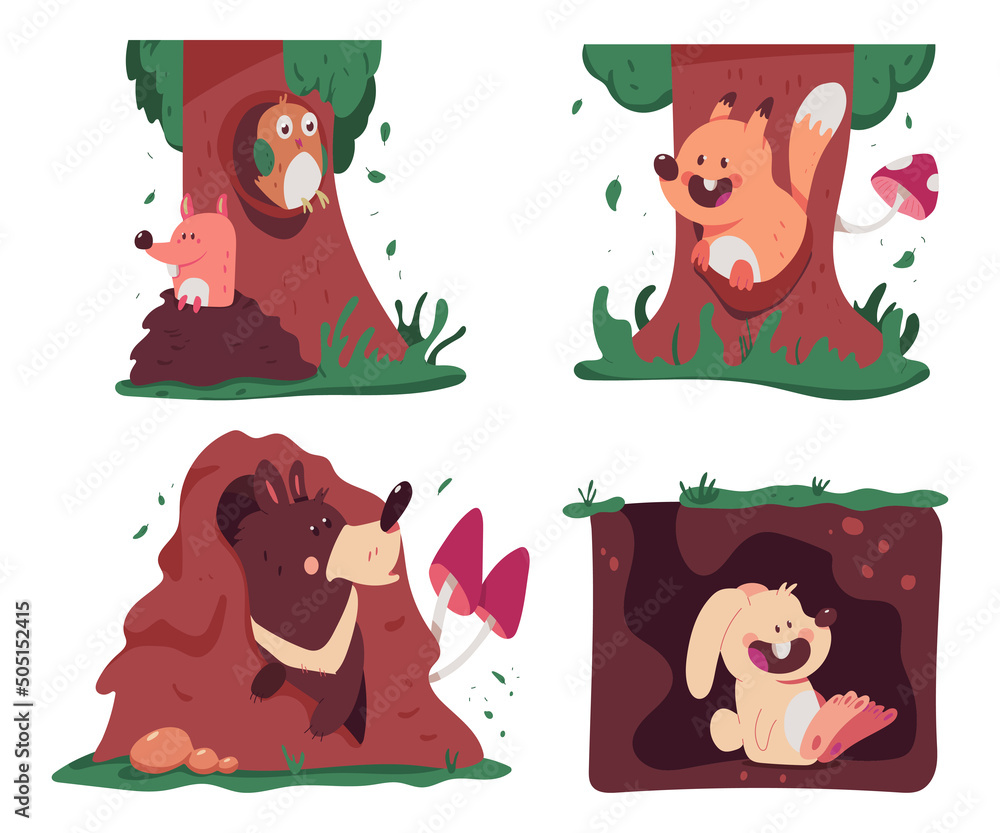 Animals in tree hollow and burrows vector cartoon illustration isolated ...