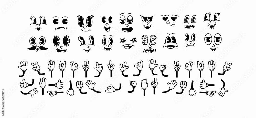 Vintage cartoon hands in gloves and characters . Cute animation ...