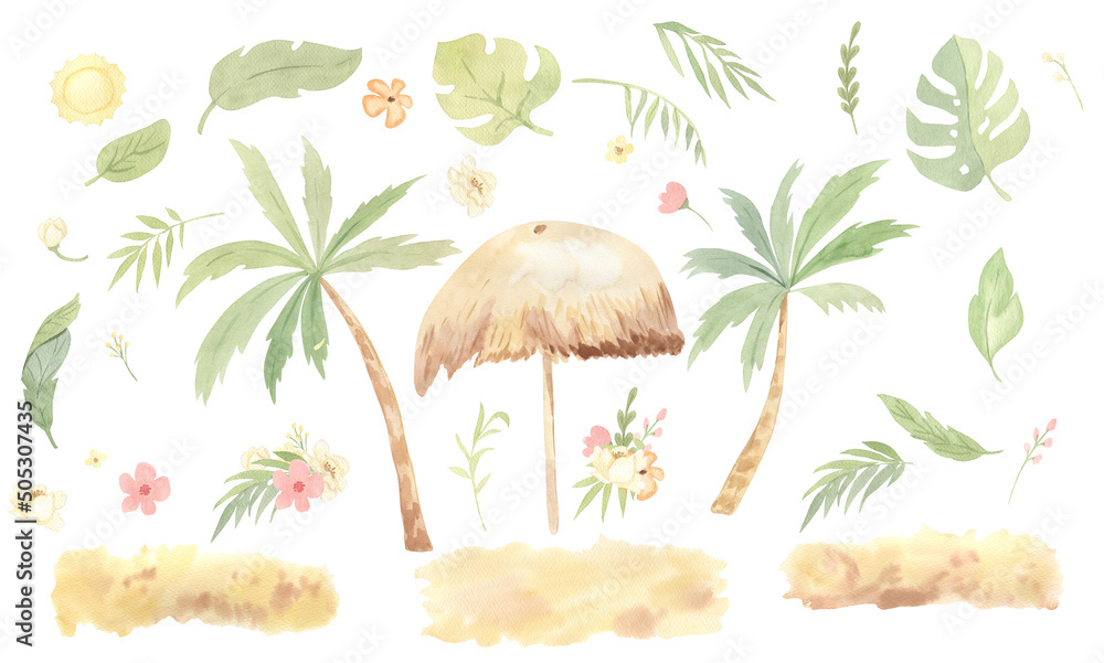 Watercolor beach, sand, palm trees, tropical leaves. Summer elements ...