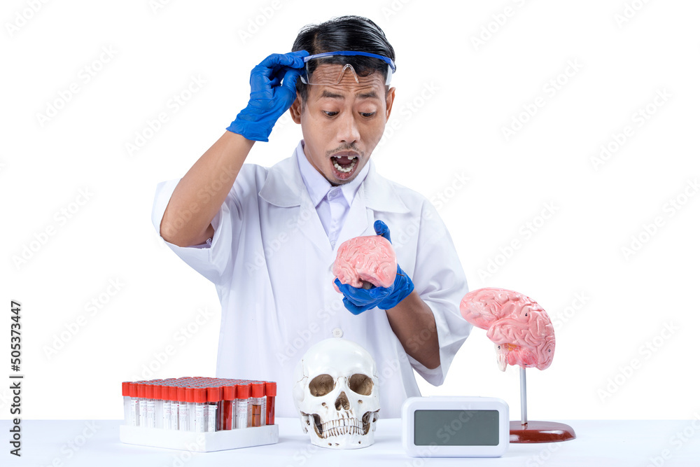 Asian nerd scientist standing and holding a human brain with a skull ...