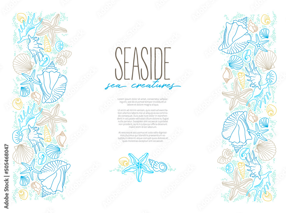 Vector frame, border of line art tropical sea elements, seashells ...