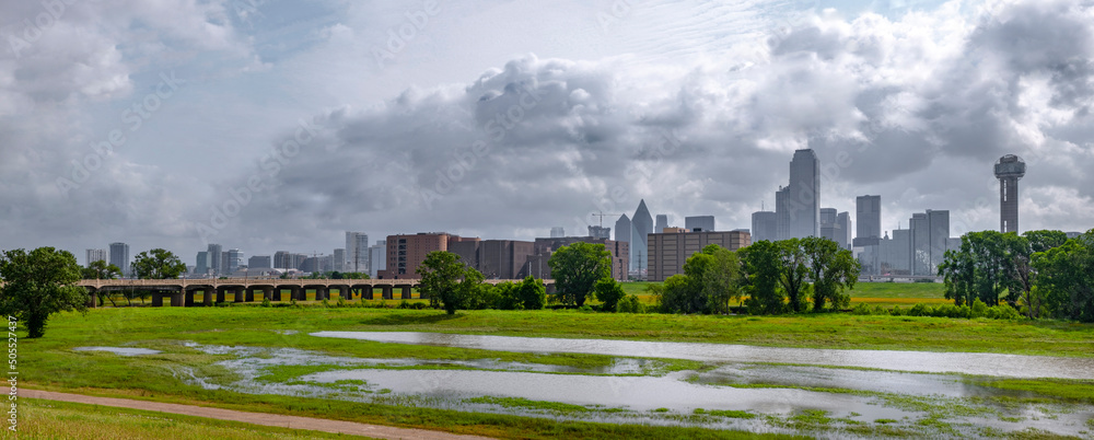 Dallas skyline and flooded Trinity river Stock Photo | Adobe Stock