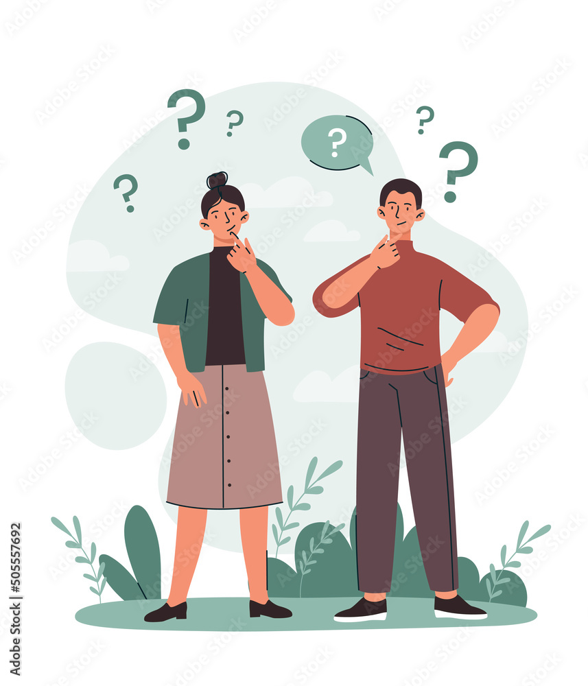 Concept of questions. Man and woman trying to solve problem, pensive ...