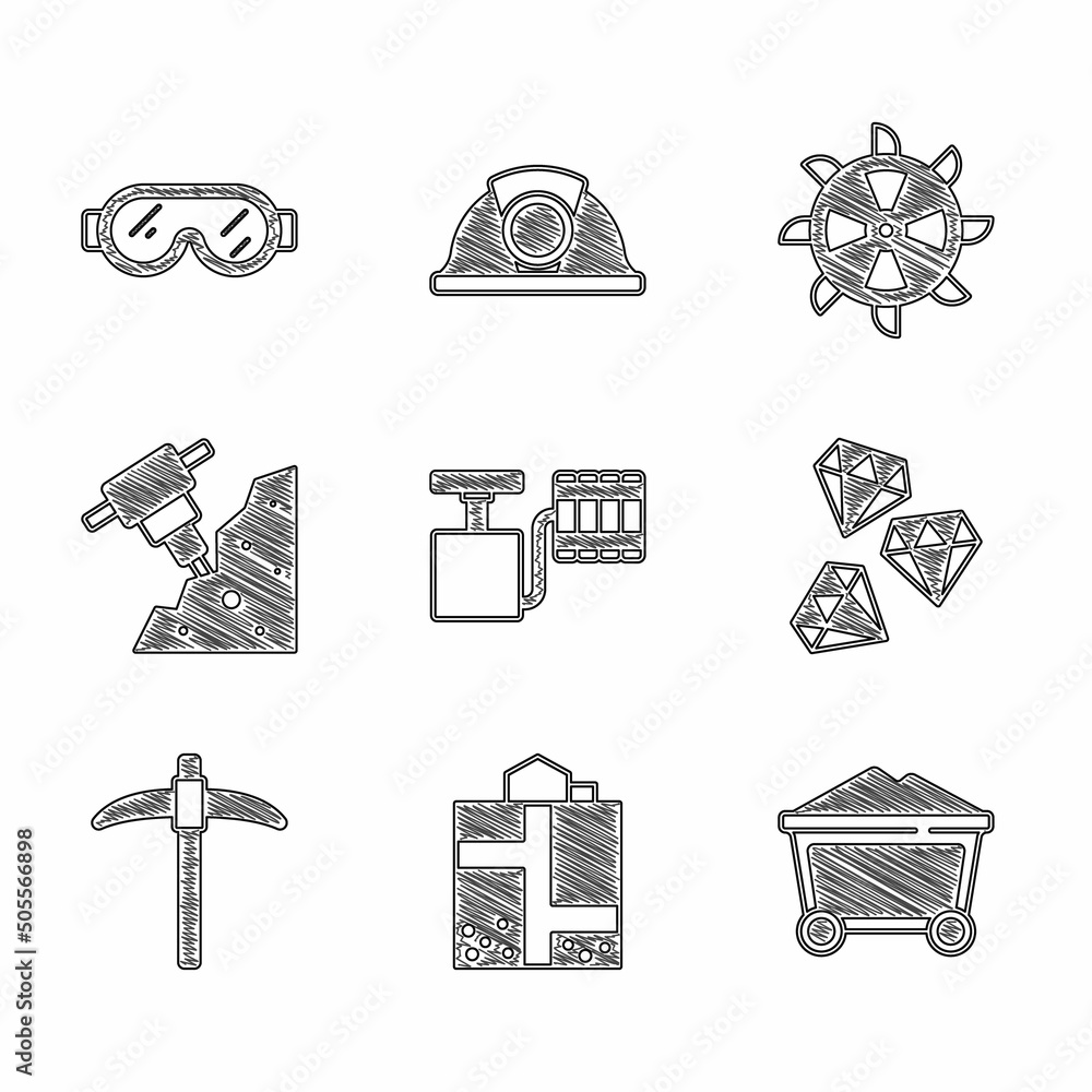 Set Handle detonator, Mine entrance, coal trolley, Gem stone, Pickaxe ...