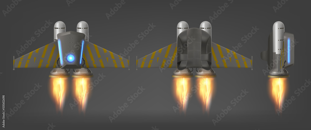 Jetpack with fire and yellow stripes on wings, top, side and bottom ...