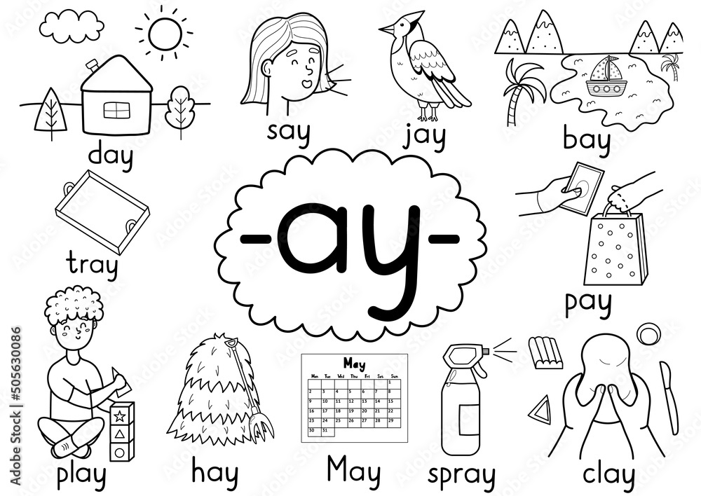 Ay digraph spelling rule black and white educational poster for kids ...