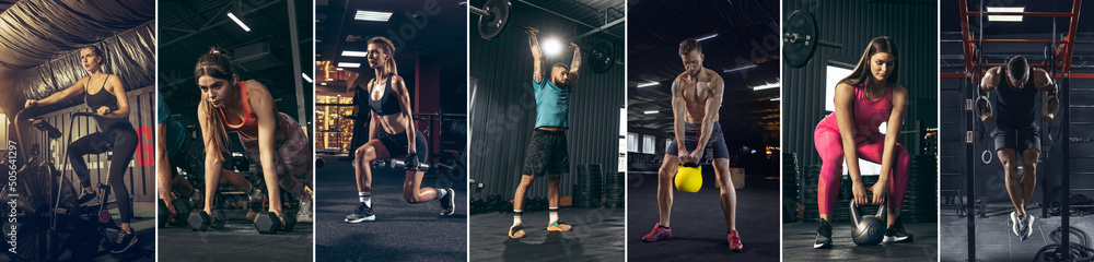 Collage, set of images of young sportive, muscular men and slim women ...