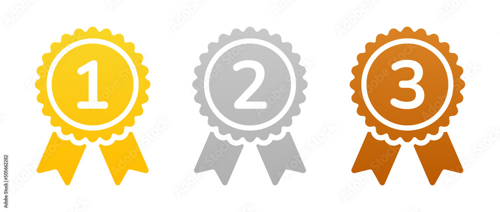 Champion gold, silver and bronze award medals with ribbons isolated on ...