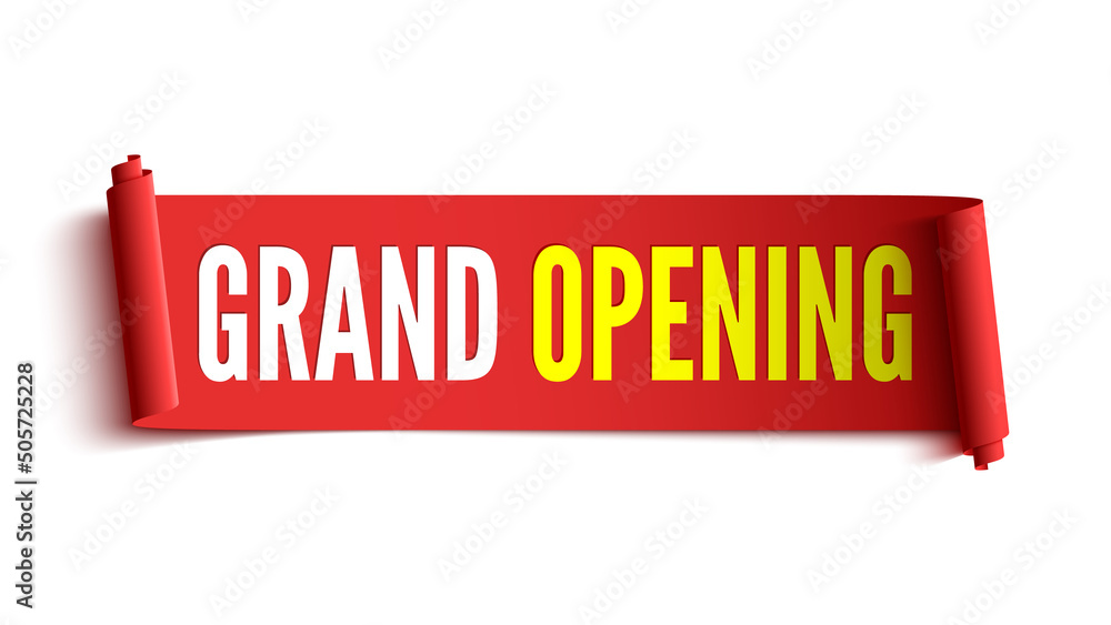 Grand opening banner. Red ribbon. Tag. Label. Sticker. Vector ...
