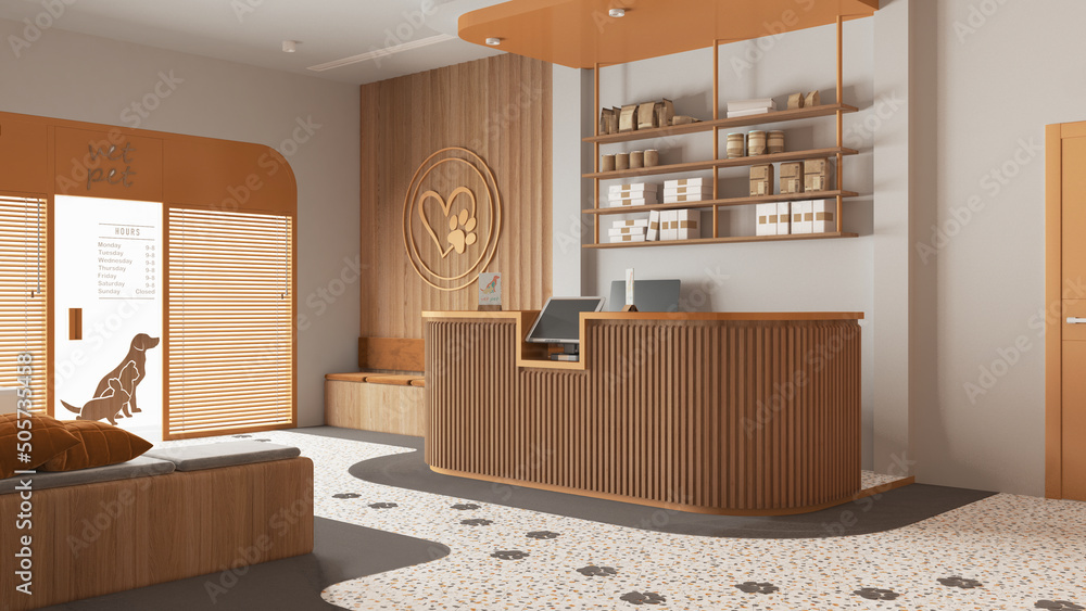 Veterinary clinic waiting room in orange and wooden tones. Reception ...