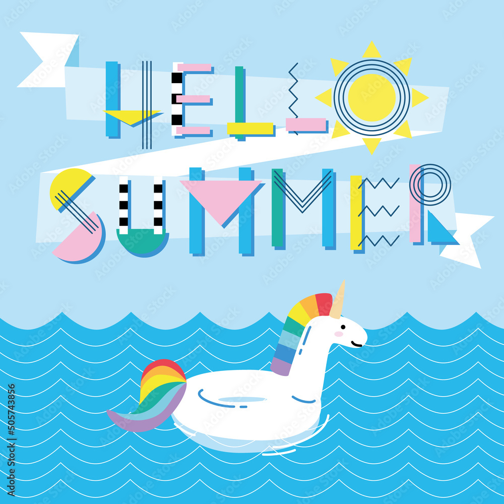 Invitation card template with cute cartoon pool float unicorn. Hello ...