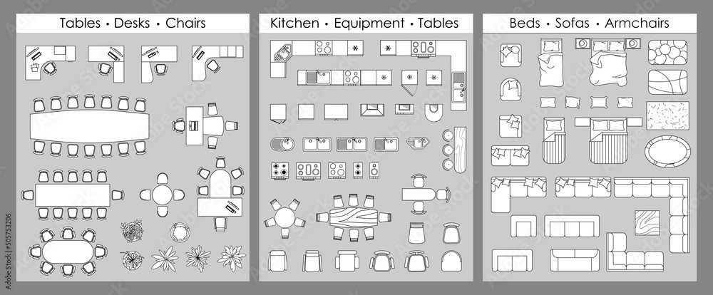 Furniture outline top view. Set of isolated linear icons for interior ...