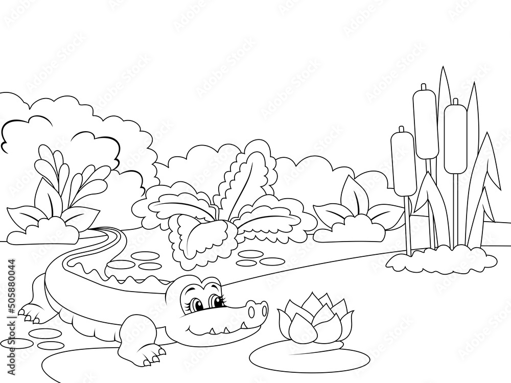 Stock-Vektorgrafik „Crocodile on the river bank. Animals cartoon ...