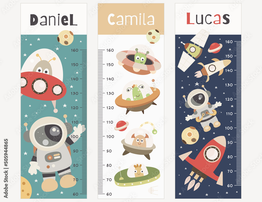 Space kids height chart with cute aliens, astronauts, spaceships in ...