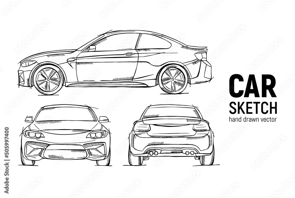 Hand drawn sketch car vector set. Front, back and side view. Sedan car ...