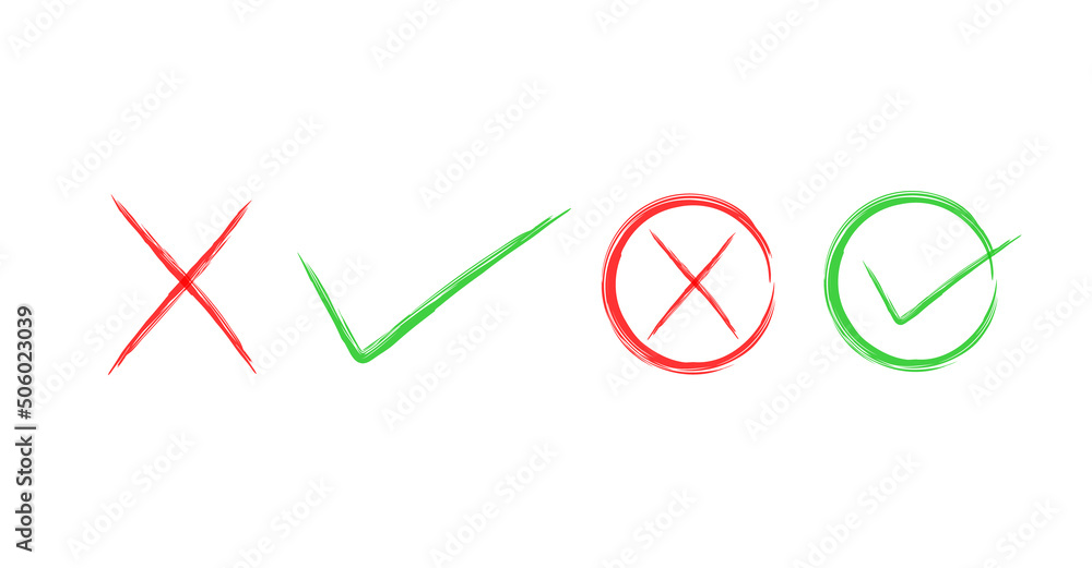 Hand drawn correct,cross,check mark and circle icon,Isolated brush ...