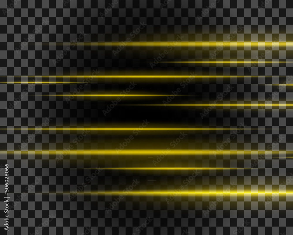 Set of yellow horizontal rays, lenses, lines. Laser beams glowing ...