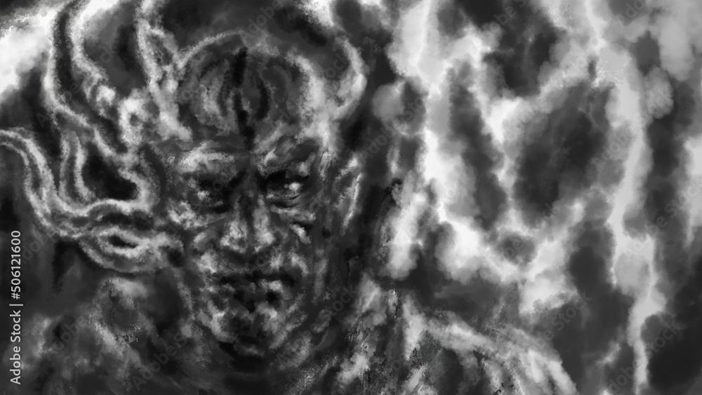 Scary mutant with tentacles on his face. Terrible illustration on a ...