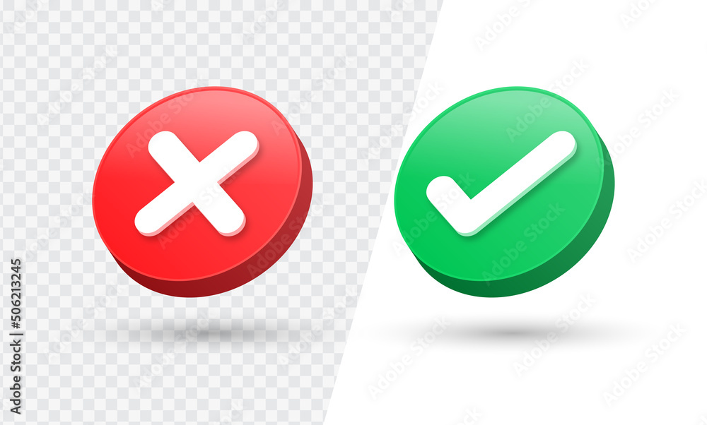 3d checkmark icon button correct and incorrect sign or check mark box frame with green tick and ...