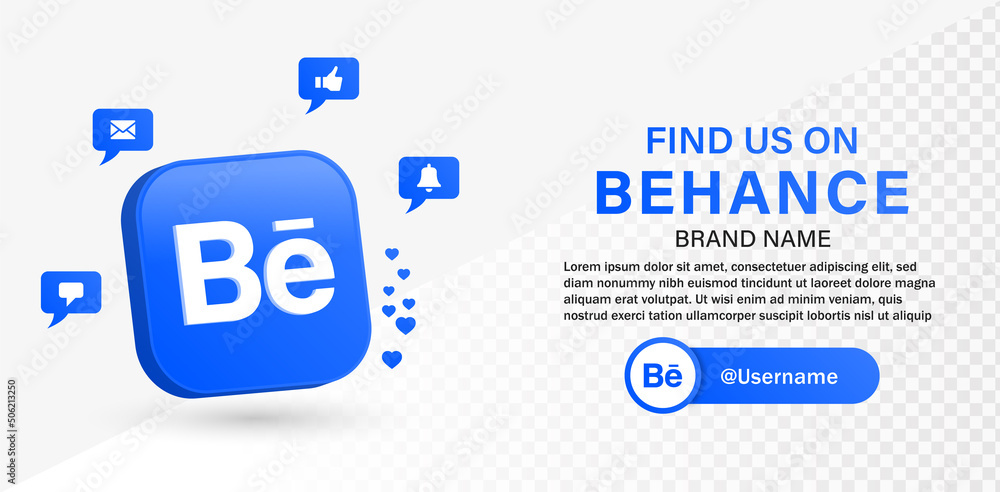follow us on behance 3d logo with social media notification icons in speech bubble, like, thumbs ...