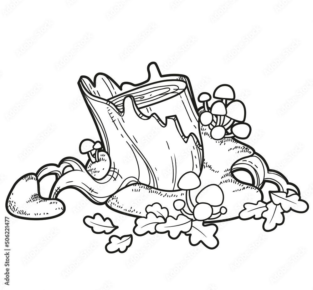 Stump covered with moss and toadstools linear drawing for coloring ...