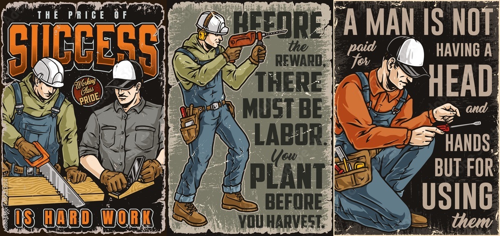Manual labour poster set with motivational words Stock Vector | Adobe Stock