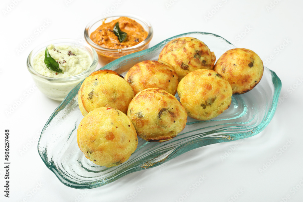 Kuzhi Paniyaram served with coconut chutney and sambar- South Indian ...