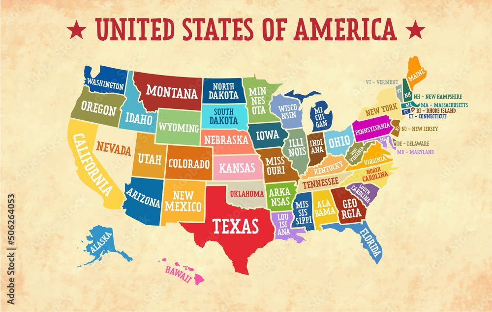 Multicolored map of United States of America with borders of the states ...