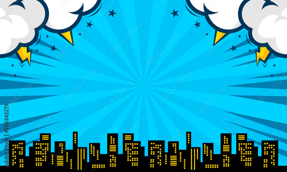 Comic blue background with city silhouette and cloud illustration Stock ...