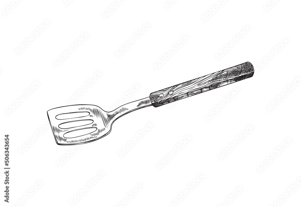 Hand drawn spatula with wooden handle for frying, sketch vector ...