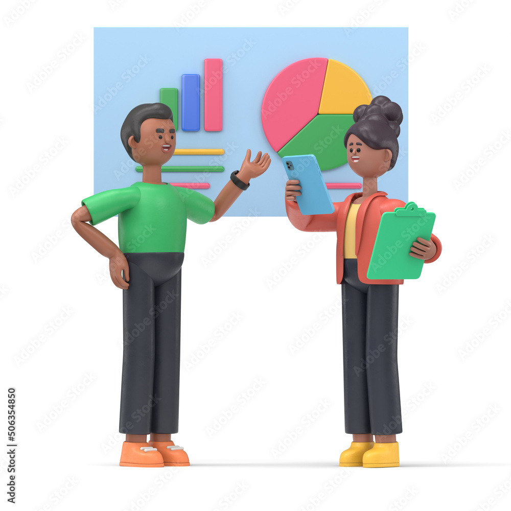 3D illustration of cartoon characters pointing finger at charts ...