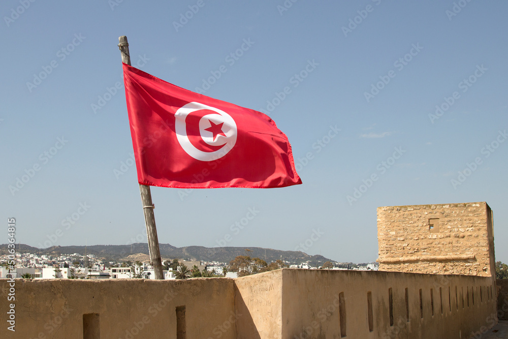 Tunisian National Flag flying from the Old Medina in Hammammet. The ...