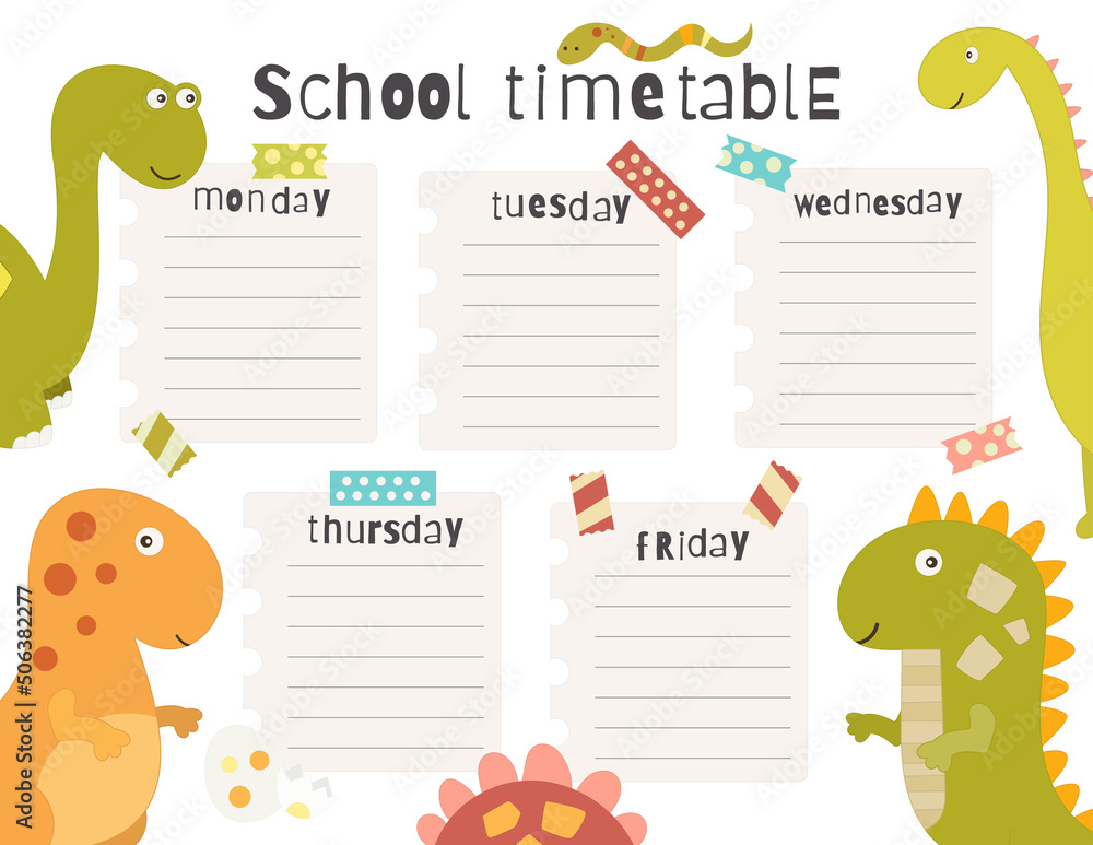 Dinosaurs School Timetable, Lesson Schedule template. Vector ...