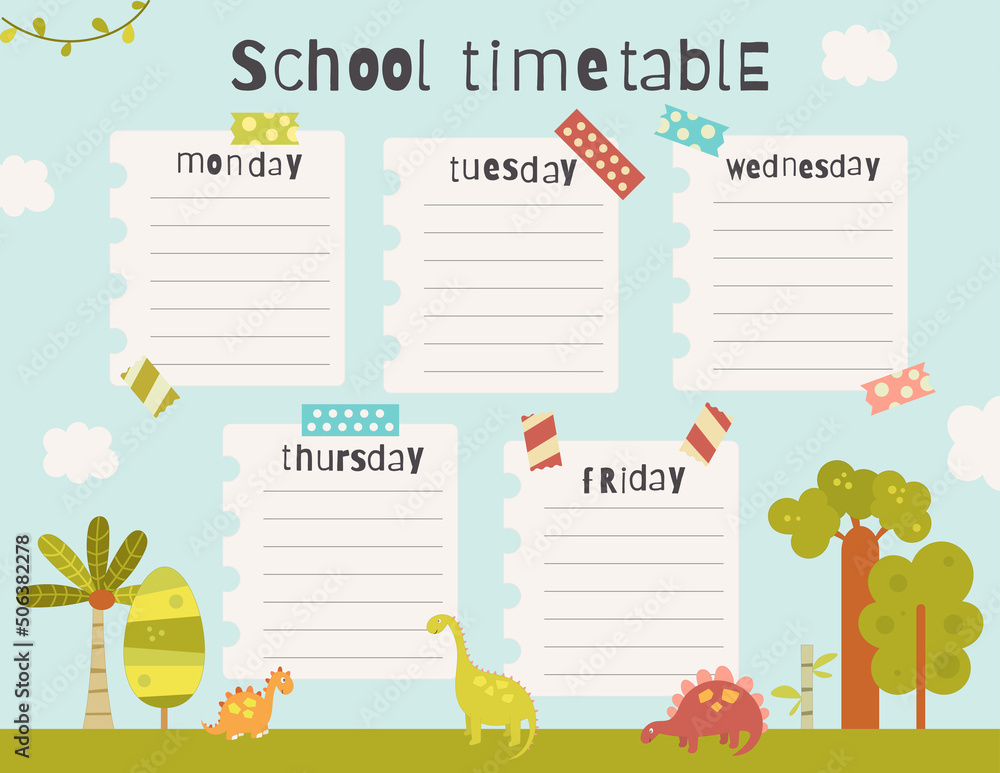 Dinosaurs School Timetable, Lesson Schedule template. Vector ...
