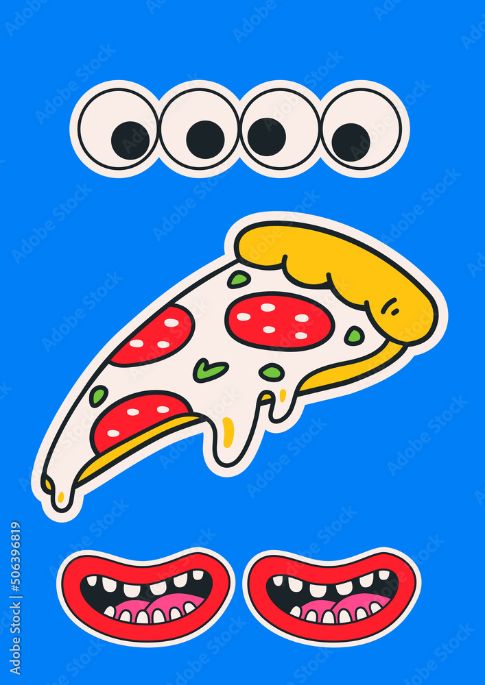 Cartoon vector funny cute Comic characters, pizza poster. Stock Vector ...