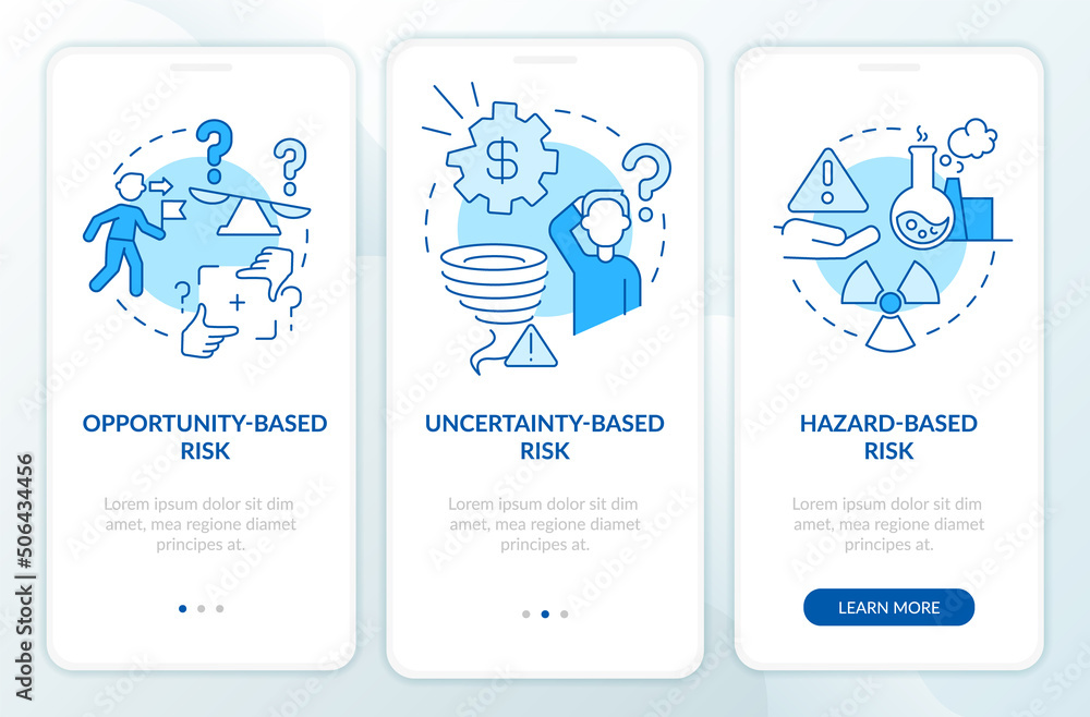 Risks types blue onboarding mobile app screen. Problems analysing ...