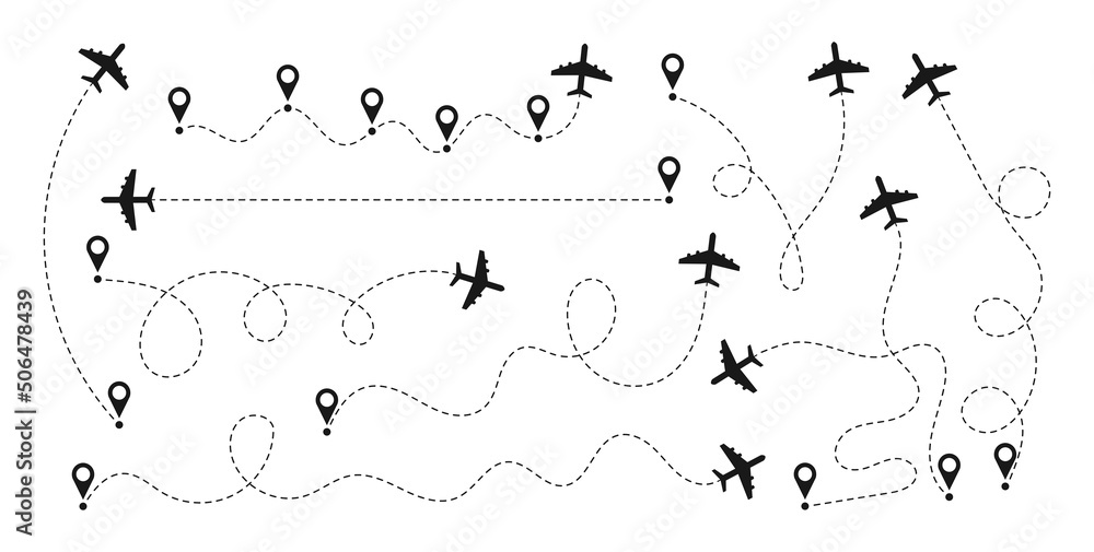 Airplane paths set. Airplane routes with start points. Aircraft trace ...