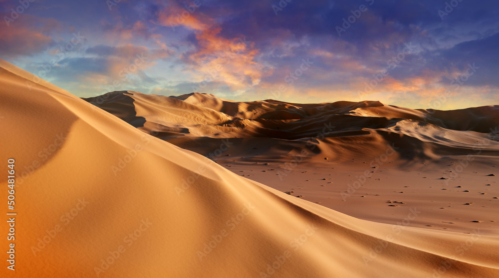 Foto de Stock Panorama of sand dunes Sahara Desert at sunset. Endless dunes of yellow sand ...