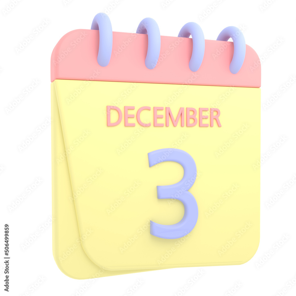 3rd December 3D calendar icon. Web style. High resolution image. White ...